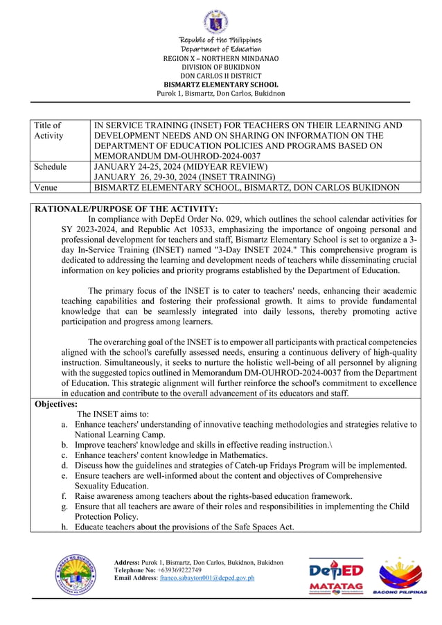 INSET Training Design and Matrix.docx | Educational Assessment | Education