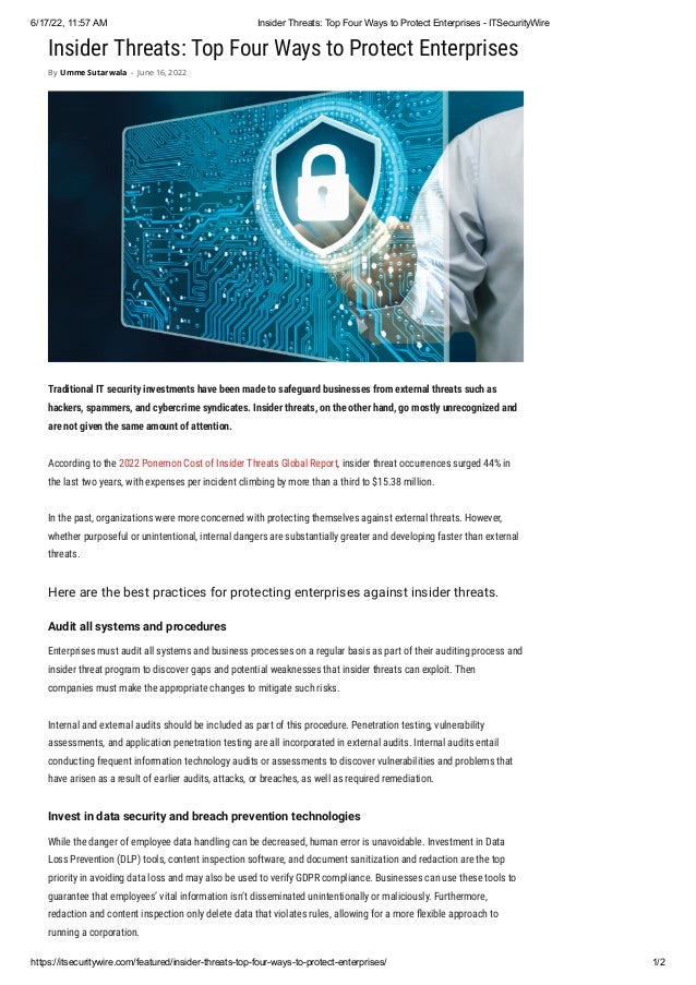 Insider Threats Top Four Ways To Protect Enterprises Itsecuritywire Pdf