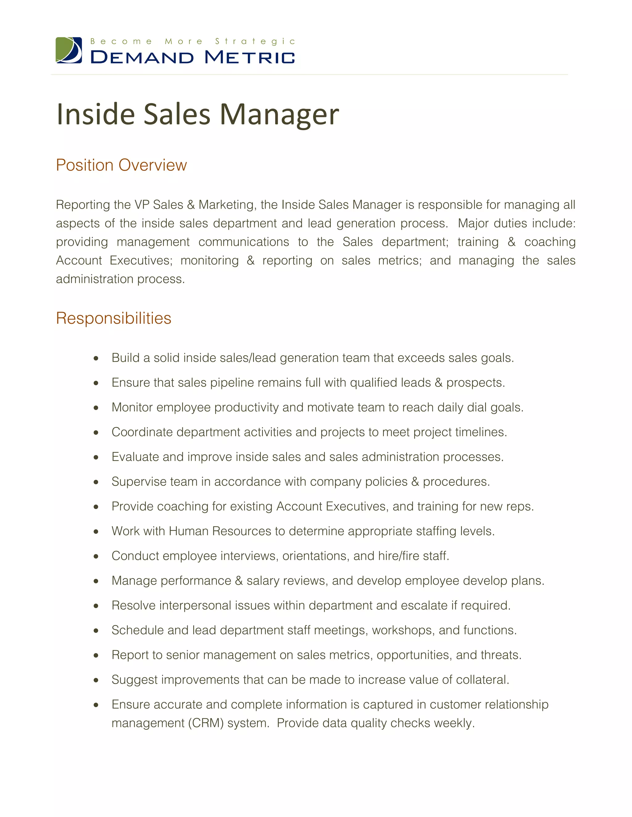 Inside Sales Manager Job Description | DOC