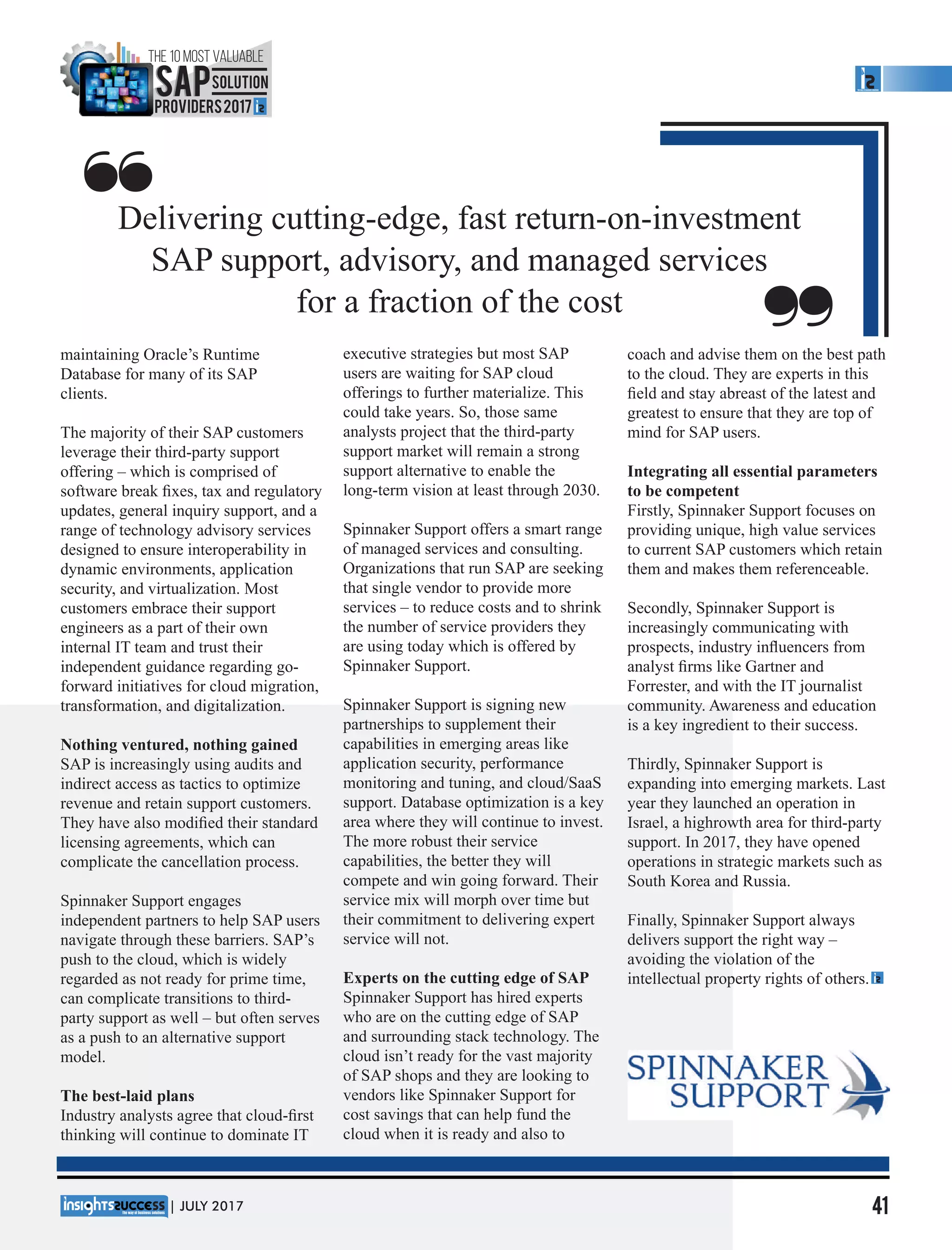 Insights Success The 10 Most Valuable SAP Solution Providers 2017 | PDF