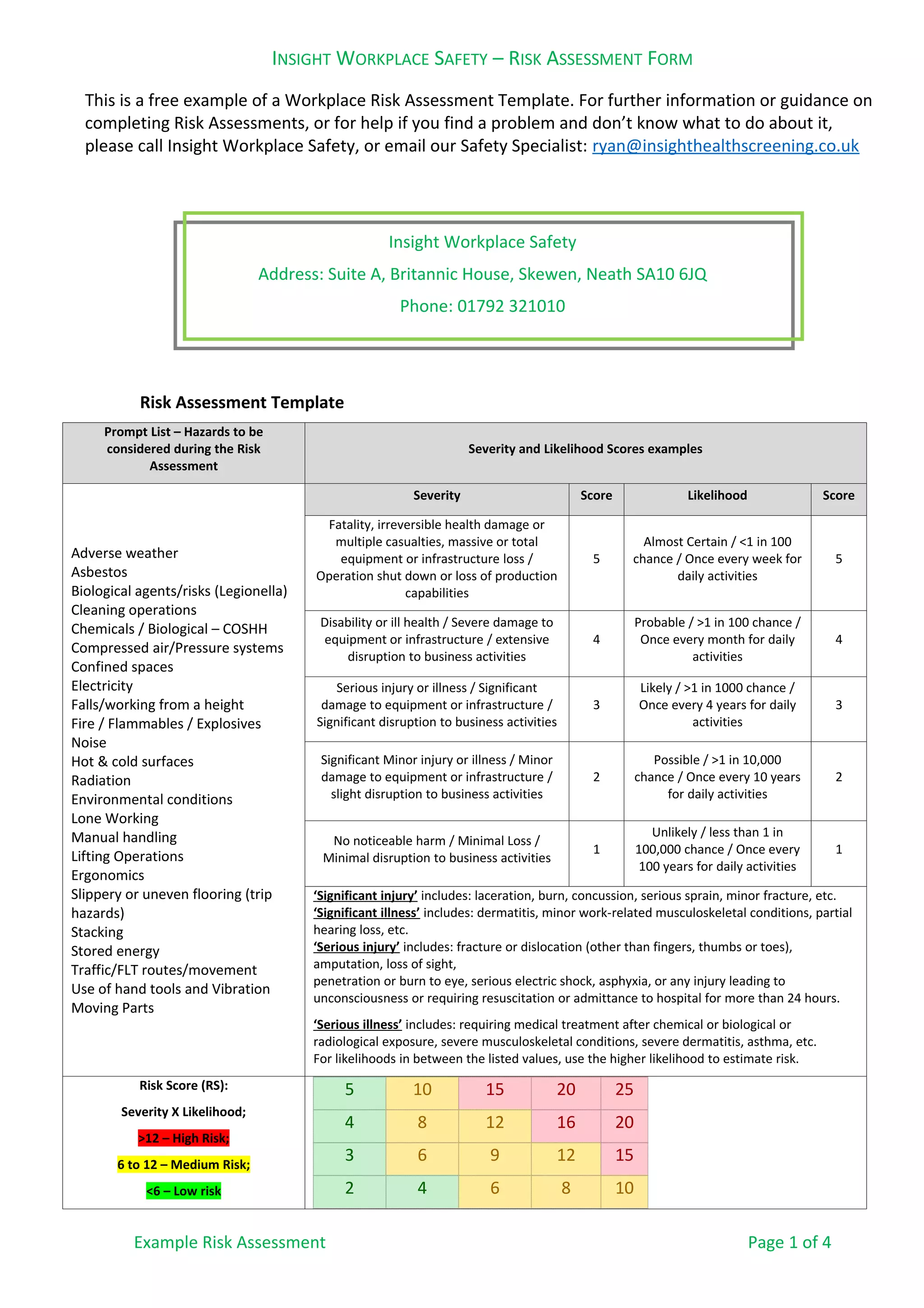 Insight workplace safety risk assessment form - example | DOC