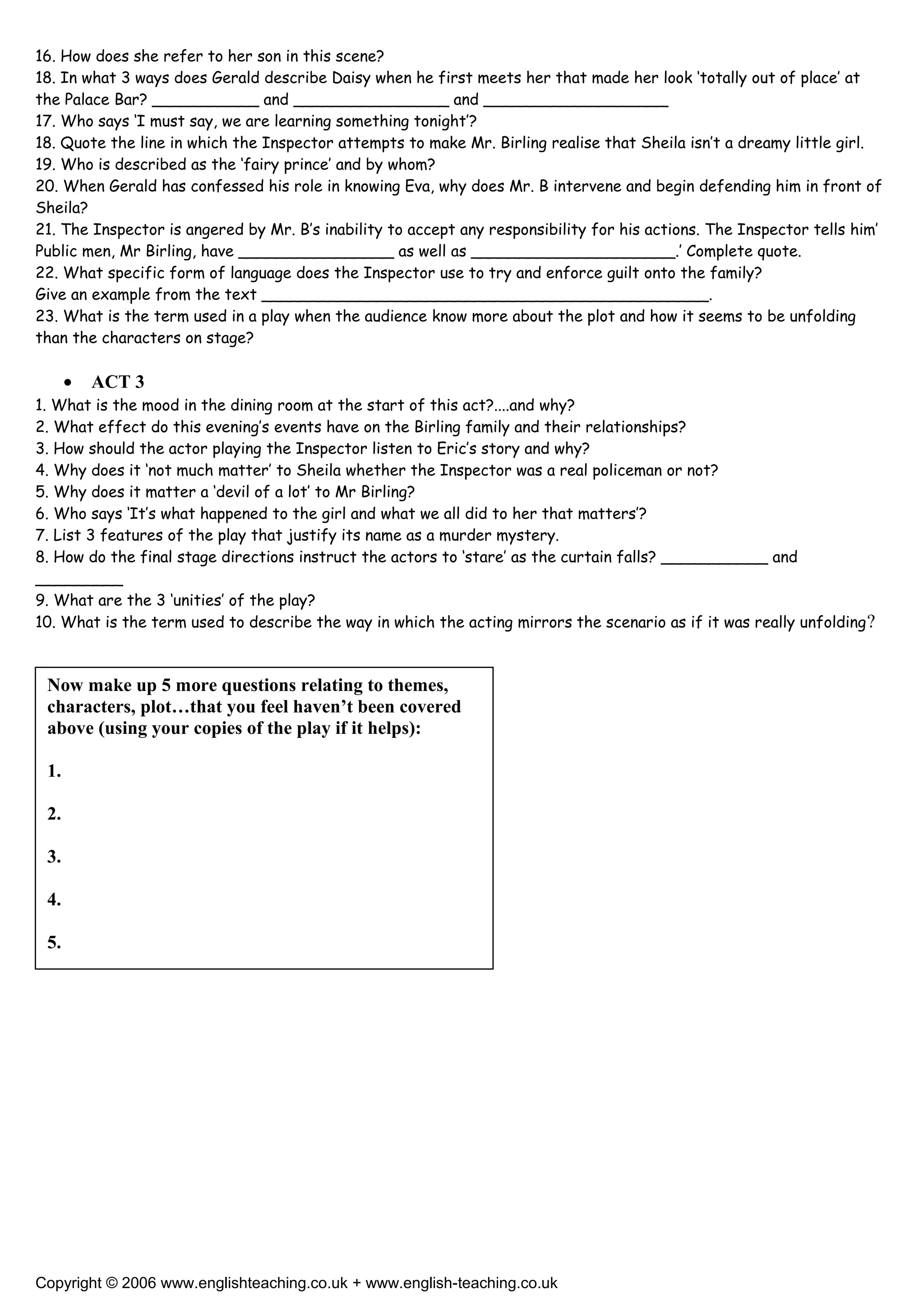 Inspector calls homework booklet | DOC