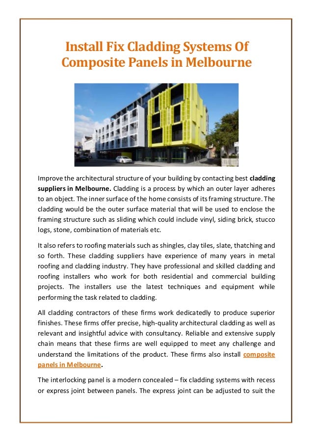 Install Fix Cladding Systems Of Composite Panels in Melbourne