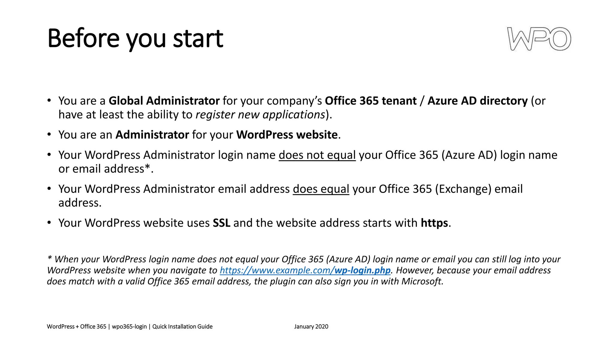 WordPress + Office 365 | Quick Installation Guide v9.6 | PPT