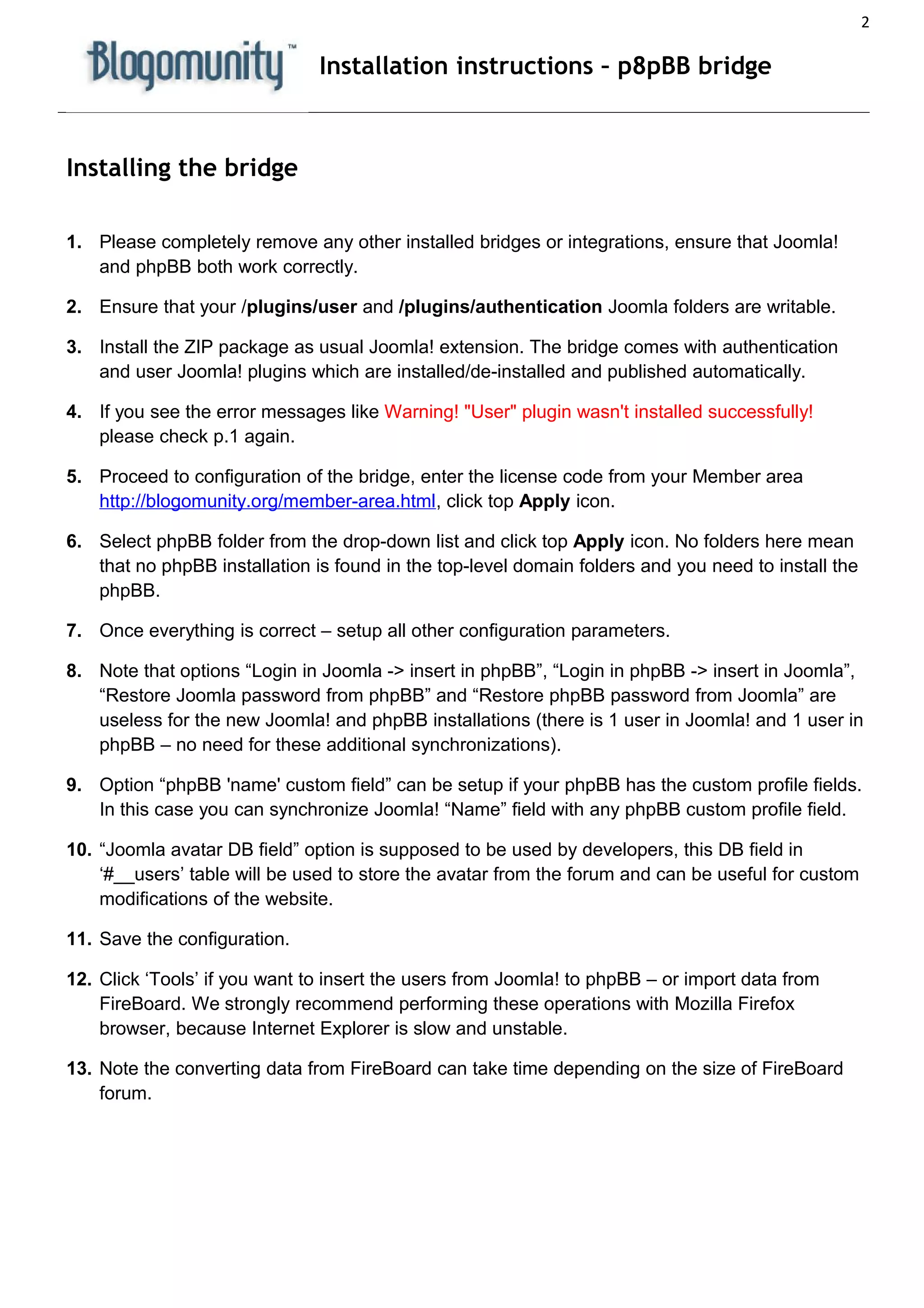 Installation instructions p8p bb bridge | DOC