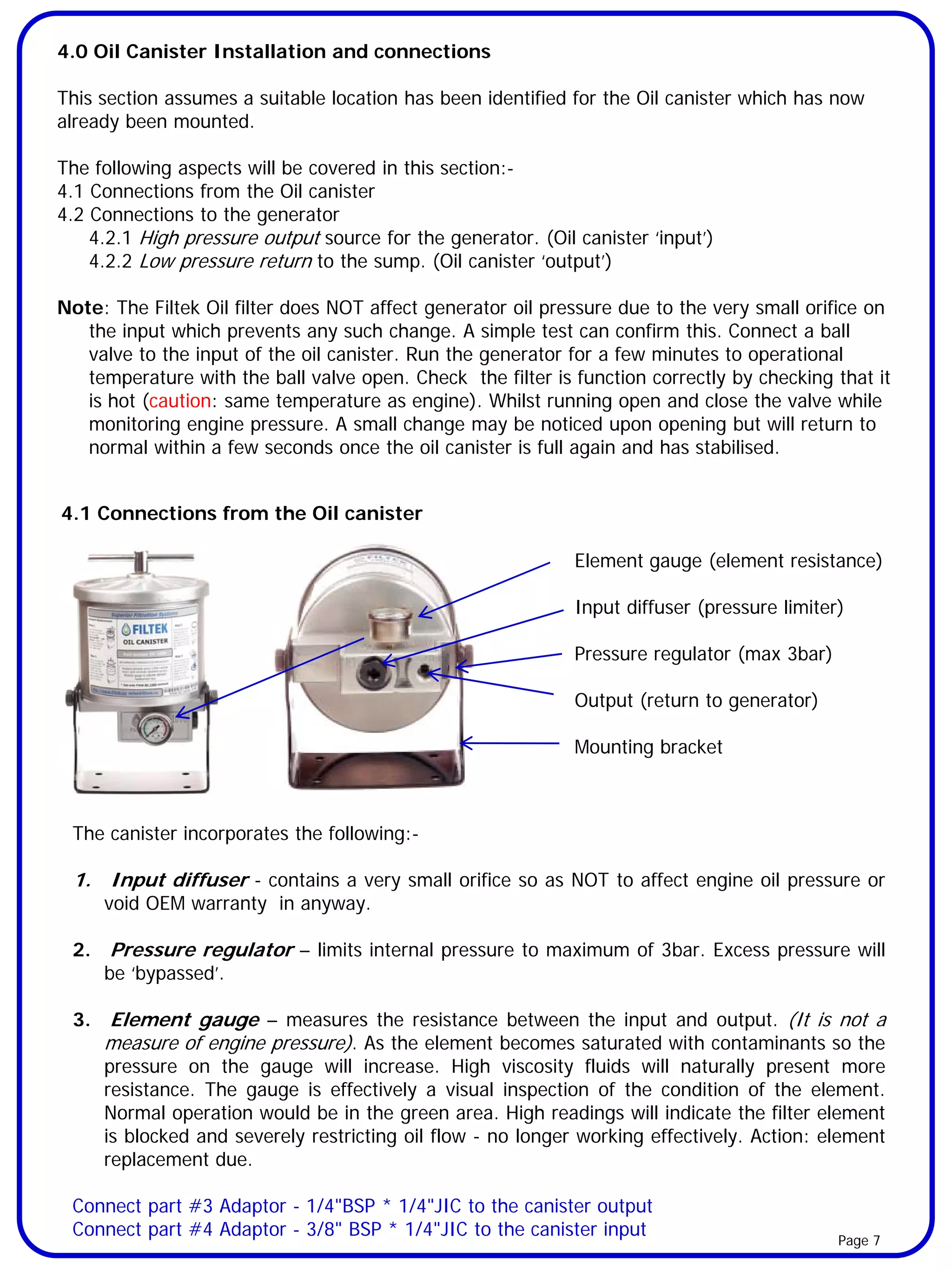 BYPASS OIL FILTER - installation manual | PDF