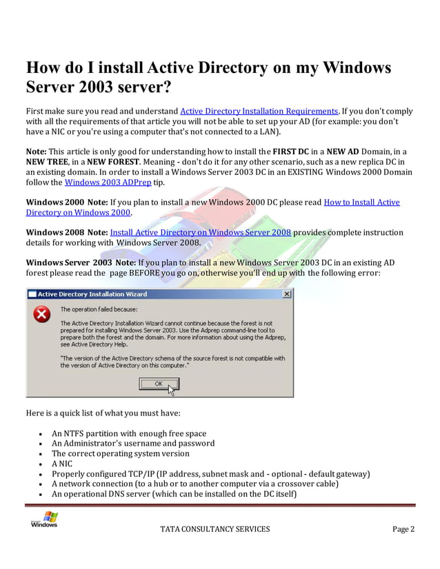 Installation of Active Directory on Windows Server 2003 Server | PDF