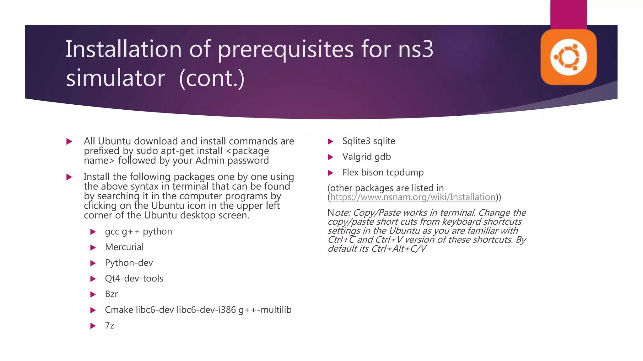 Installation of ubuntu, ns3 and compiling first | PPTX