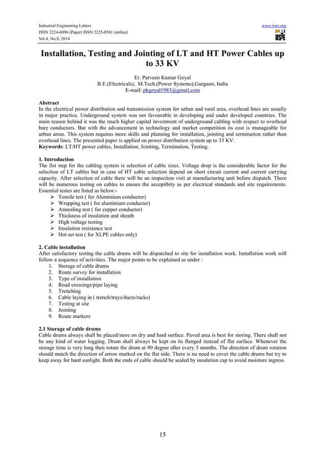 Installation, testing and jointing of lt and ht power cables up to 33 ...