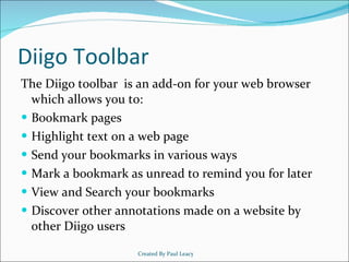 Installing and using the diigo toolbar tutorial (diigo) | PPT