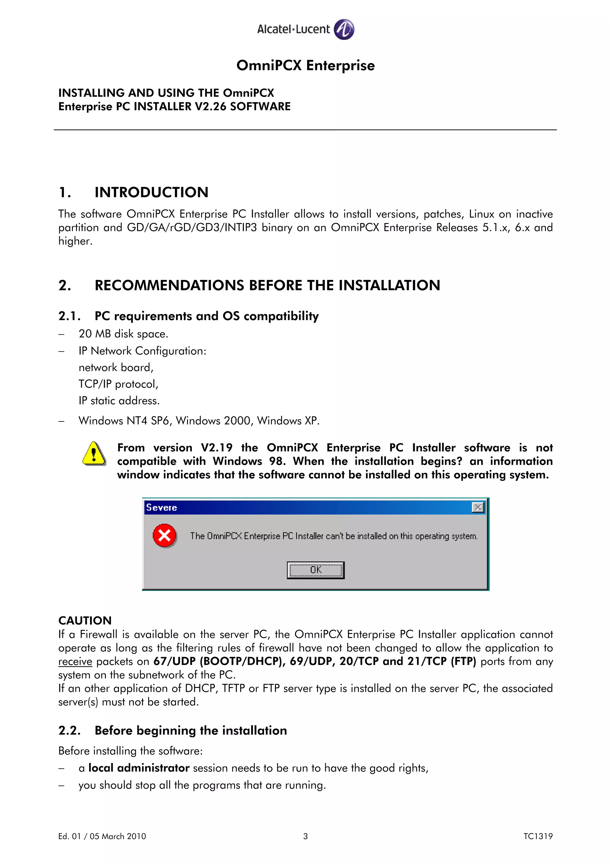 Installing and using the omni pcx enterprise pc installer v2.26 software | PDF