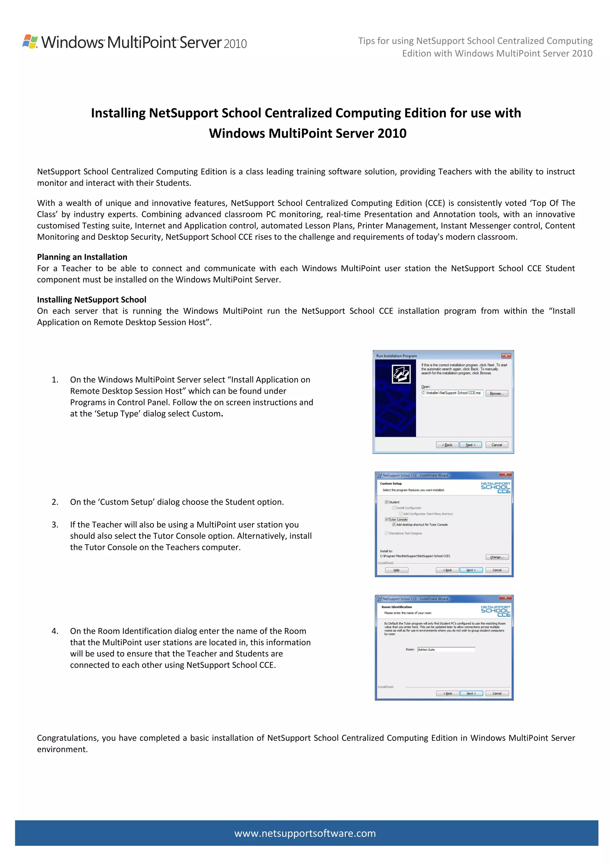 Installing net support school centralized computing edition in a windows multipoint environment ...