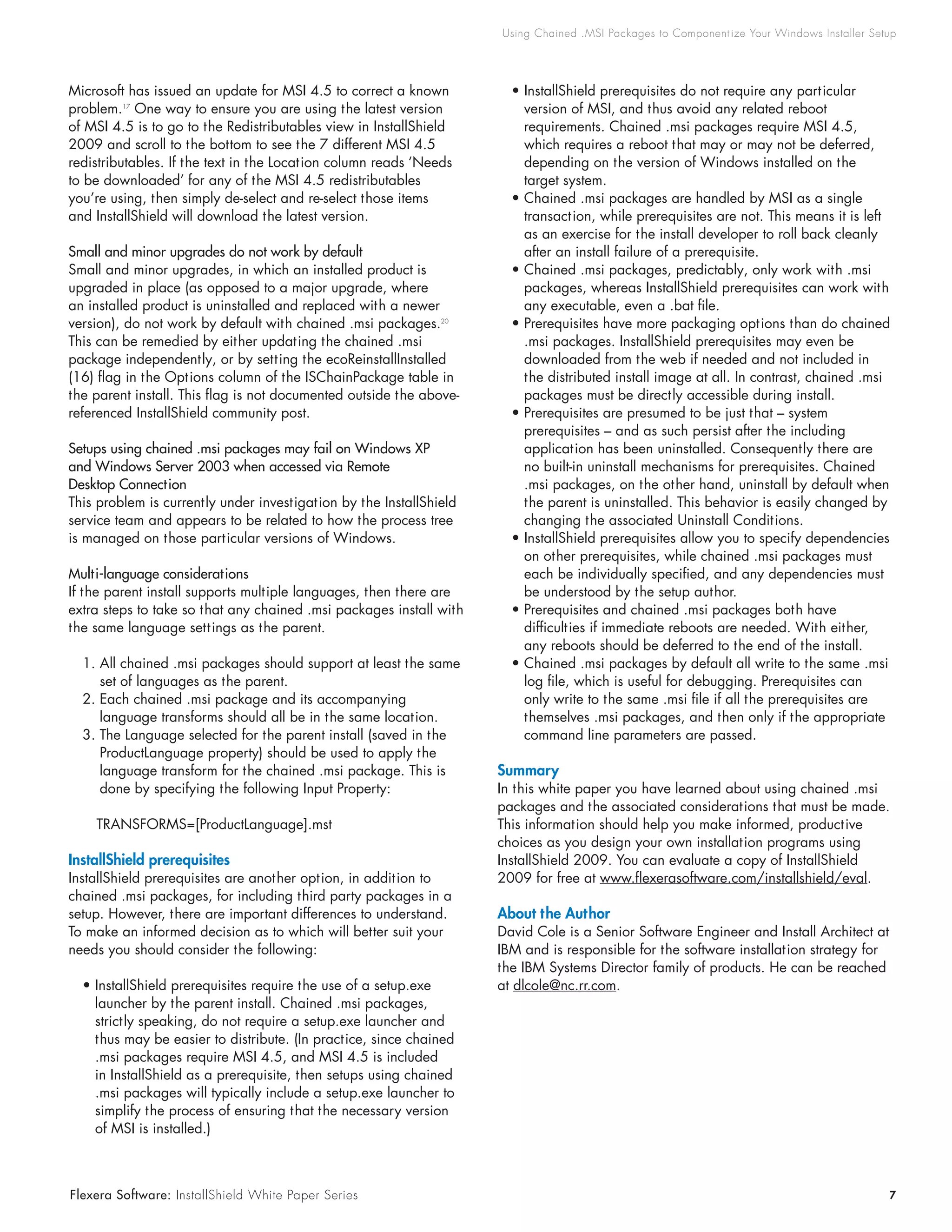 Using Chained .MSI Packages to Componentize Your Windows Installer Setup | PDF