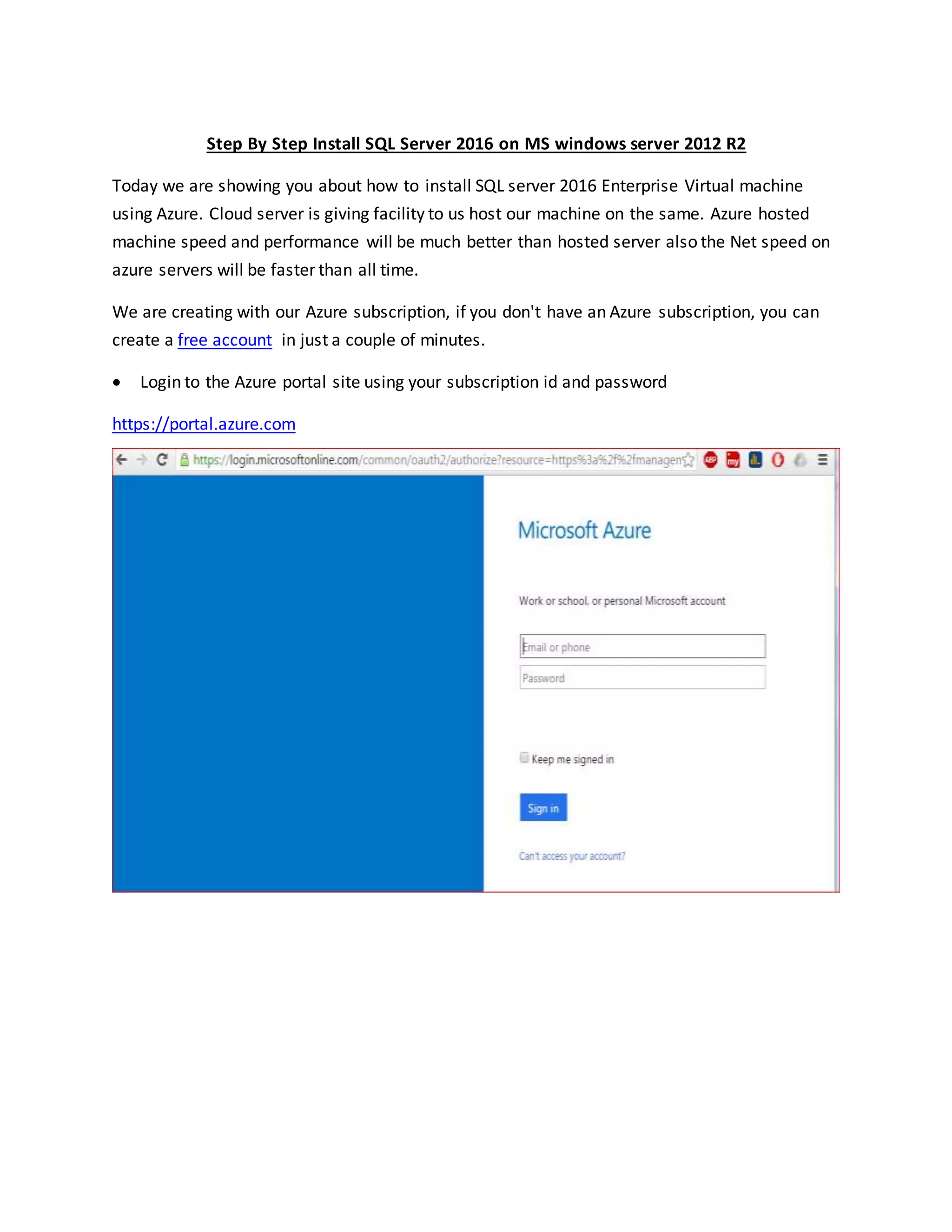 Install windows sql 2016 enter prise on azure portal cloud step by step ...