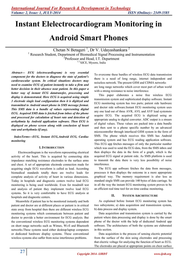 Instant elelectrocardiogram monitoring in android smart phones | PDF