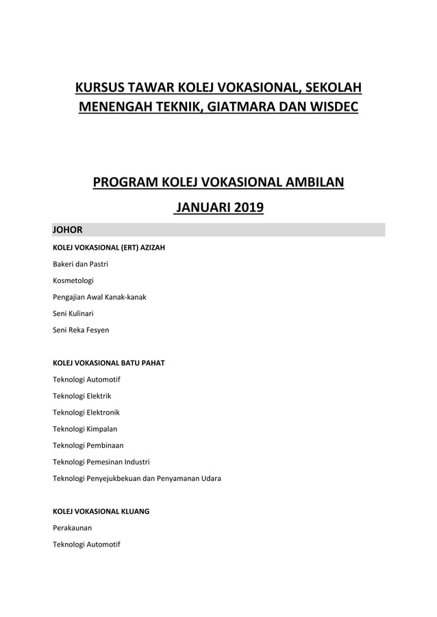 KURSUS YANG DITAWARKAN DI KOLEJ VOKASIONAL, SEKOLAH MENENGAH TEKNIK ...