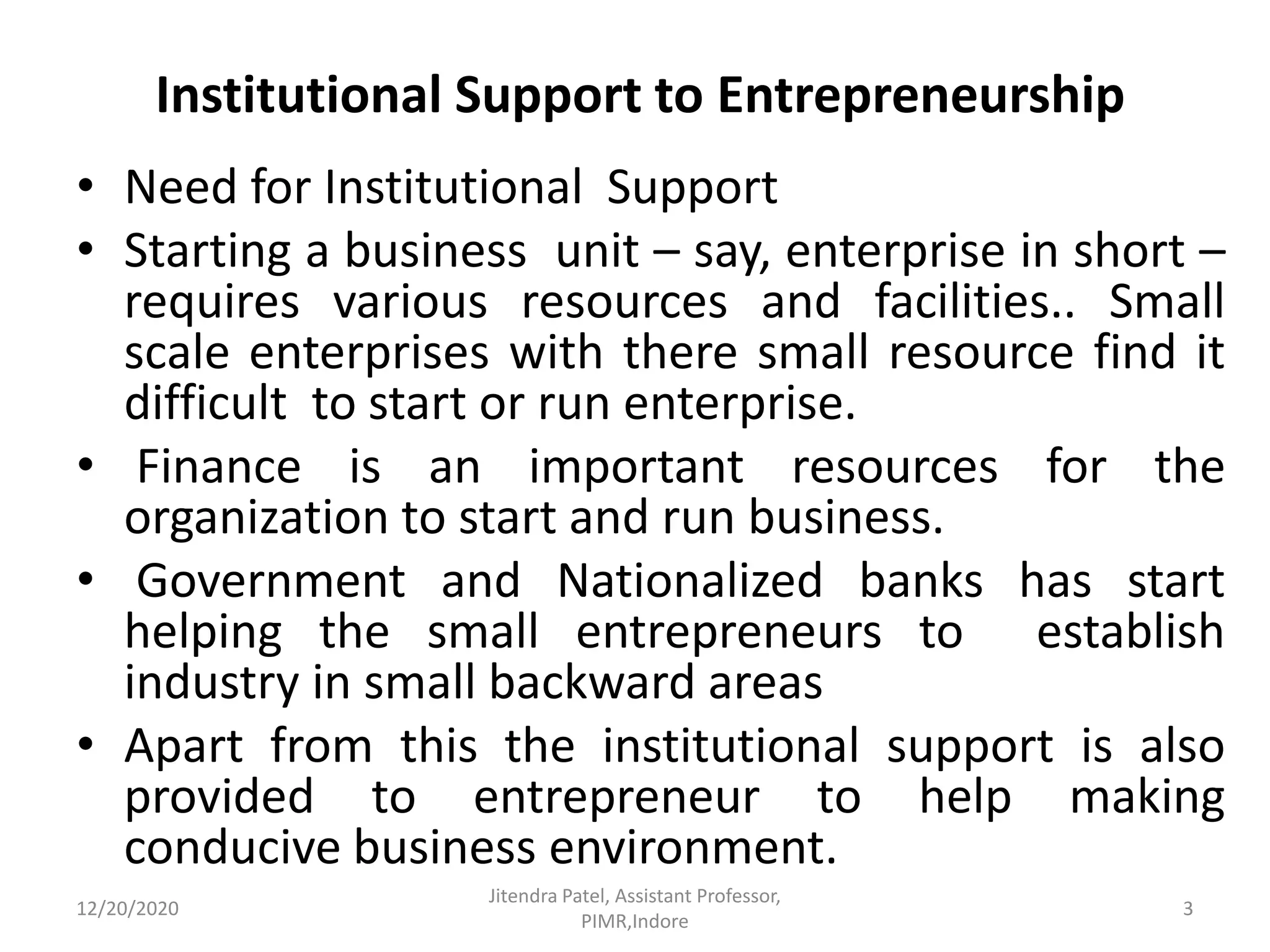 Institutional support to entrepreneurship | PPTX