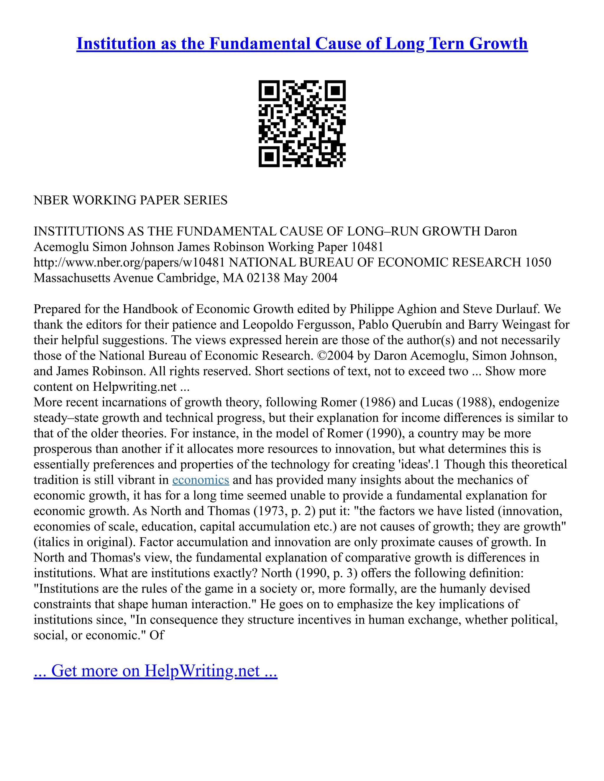 Institution As The Fundamental Cause Of Long Tern Growth | PDF