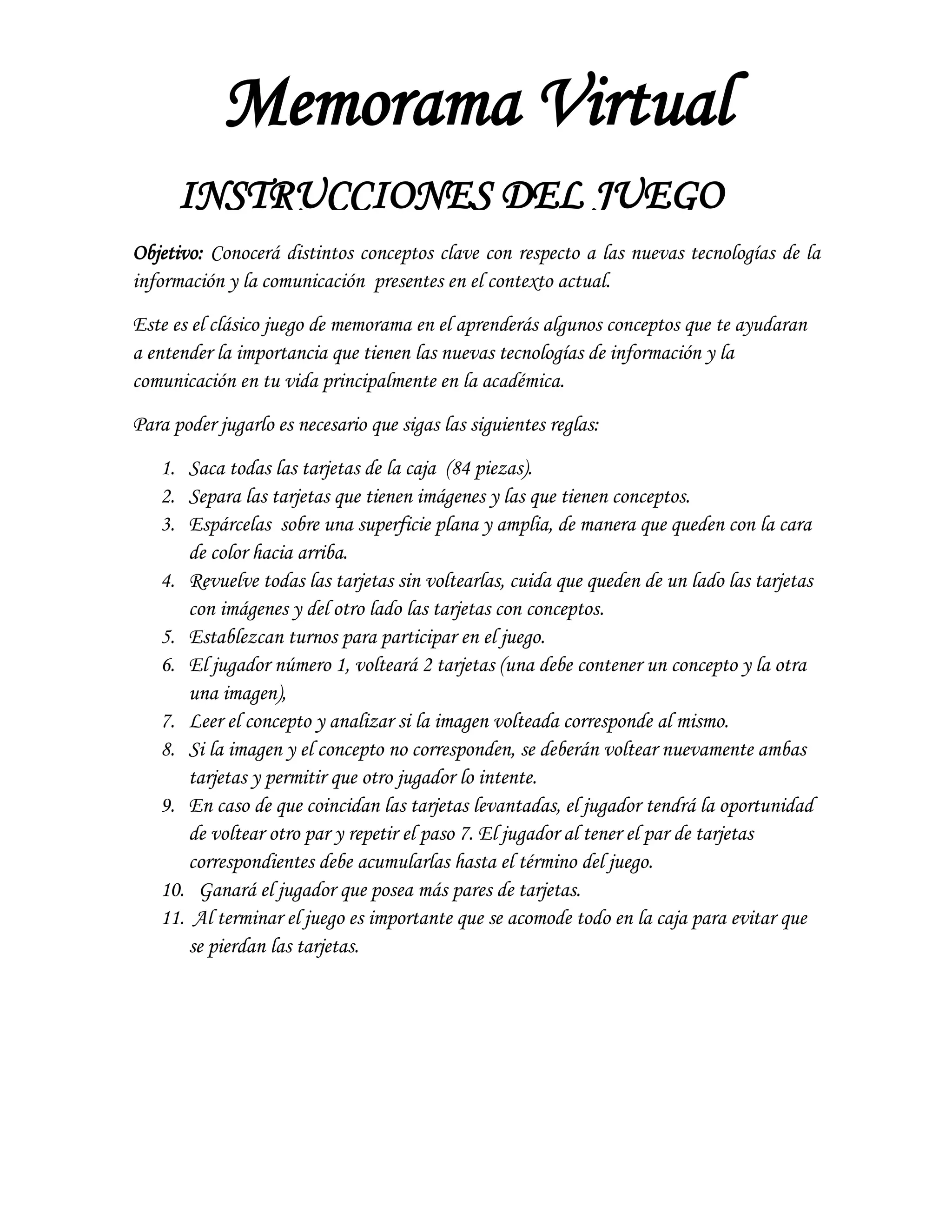 Instrucciones del memorama | DOCX
