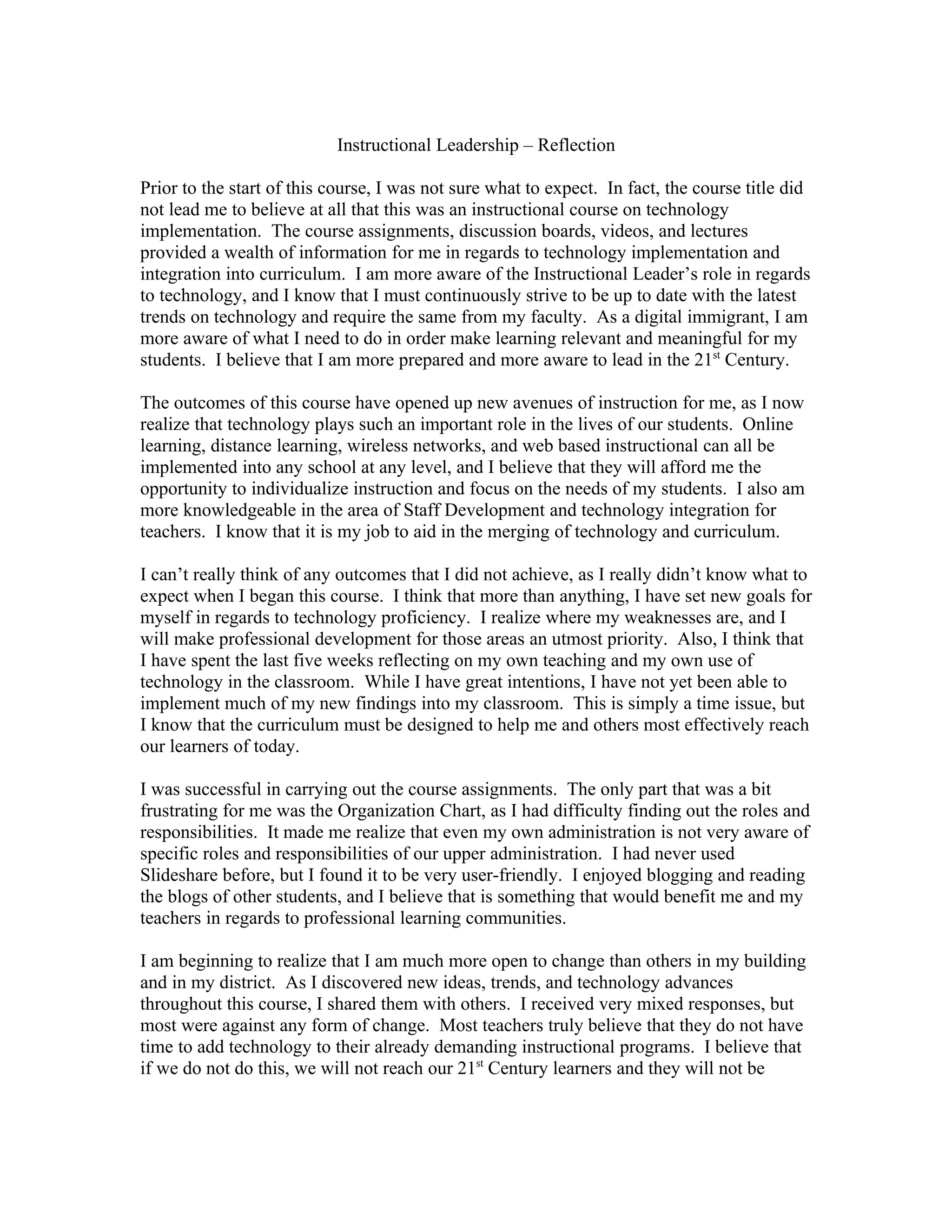 Instructional Leadership Reflection | DOC | Educational Assessment | Education