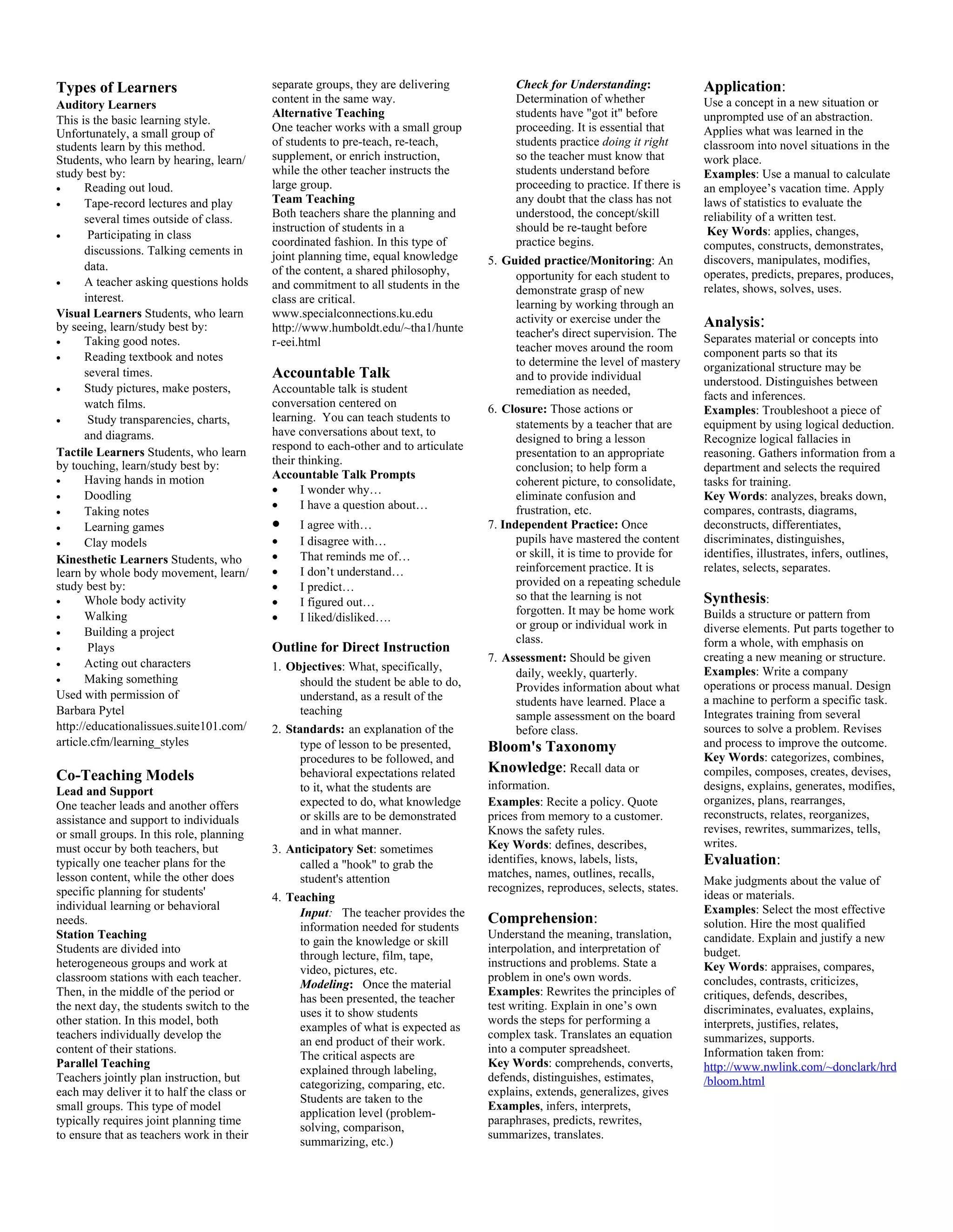 Instructional reference sheet | DOC | Educational Assessment | Education