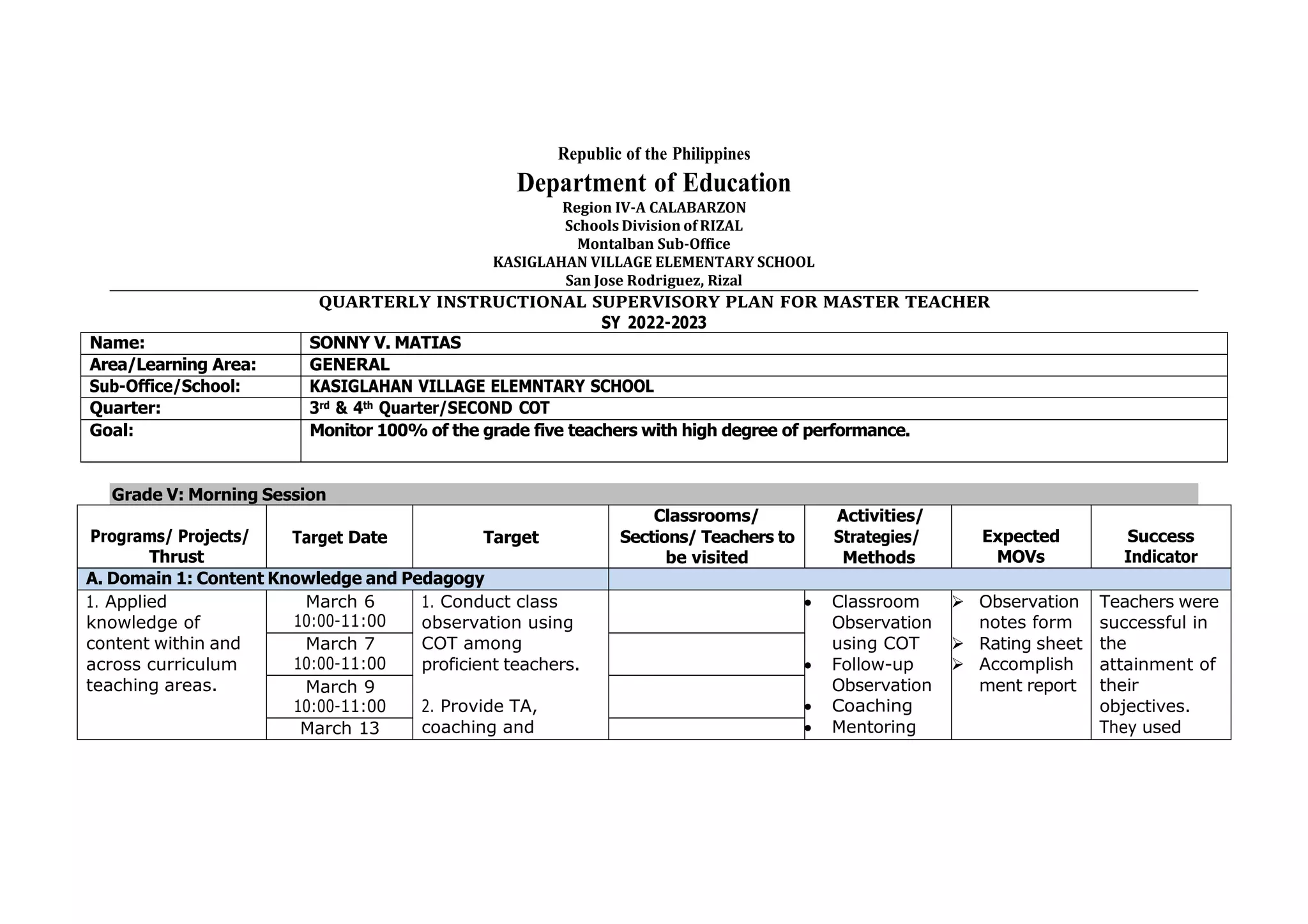 Instructional Supervisory REPORT Second COT_SY. 2022-2023 - Copy.docx