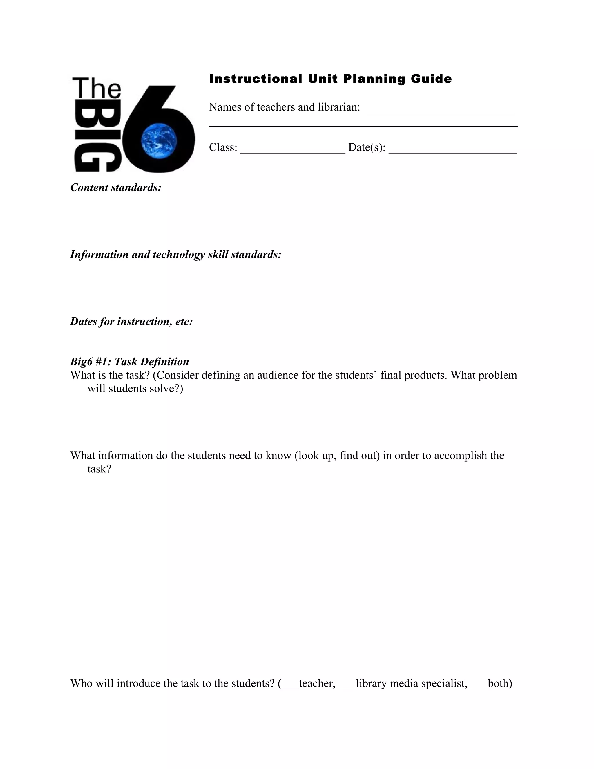 Big6 Instructional Unit Planning Guide Pdf