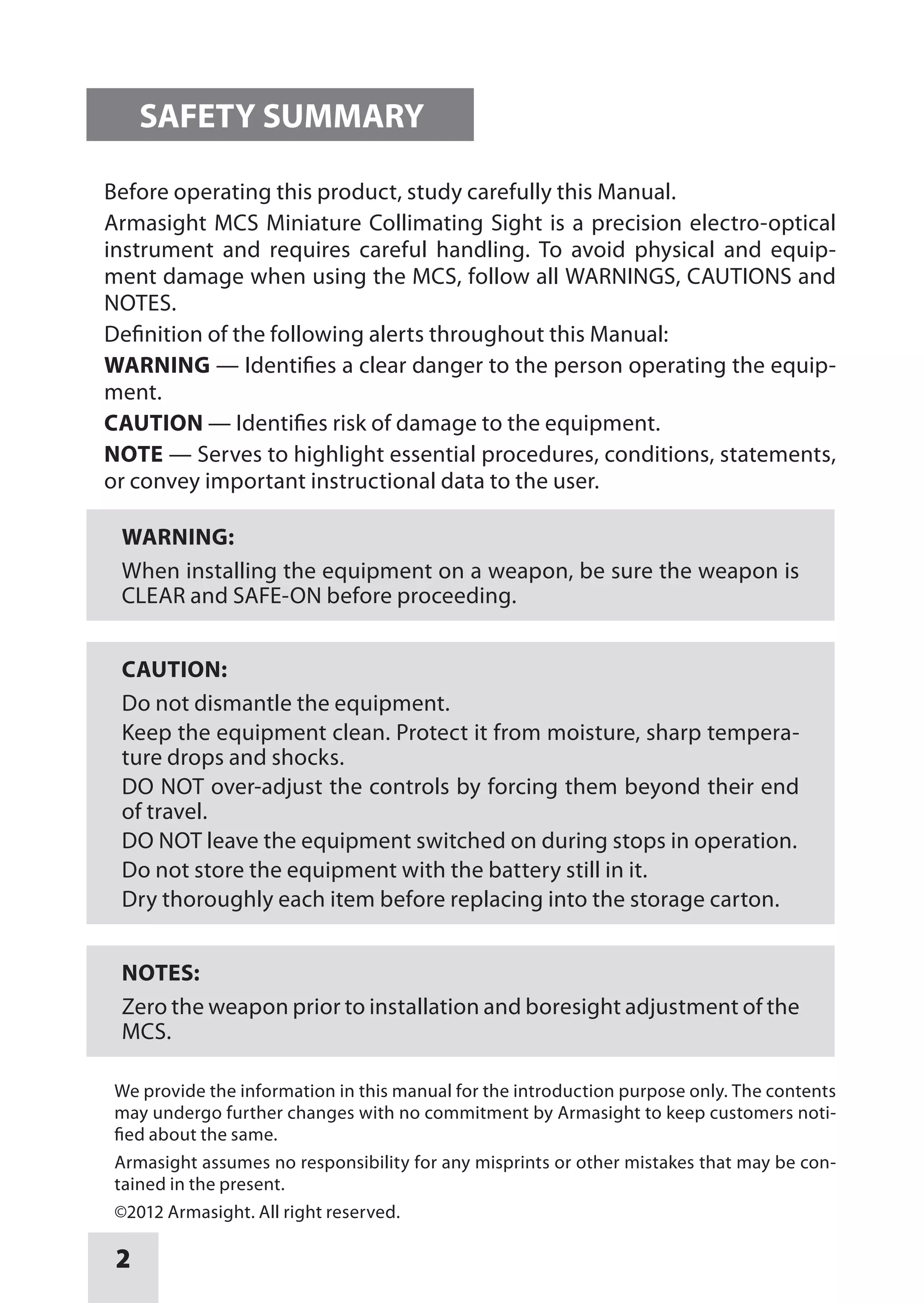 Instruction Manual ARMASIGHT Collimating Sight MCS | Optics Trade | PDF ...