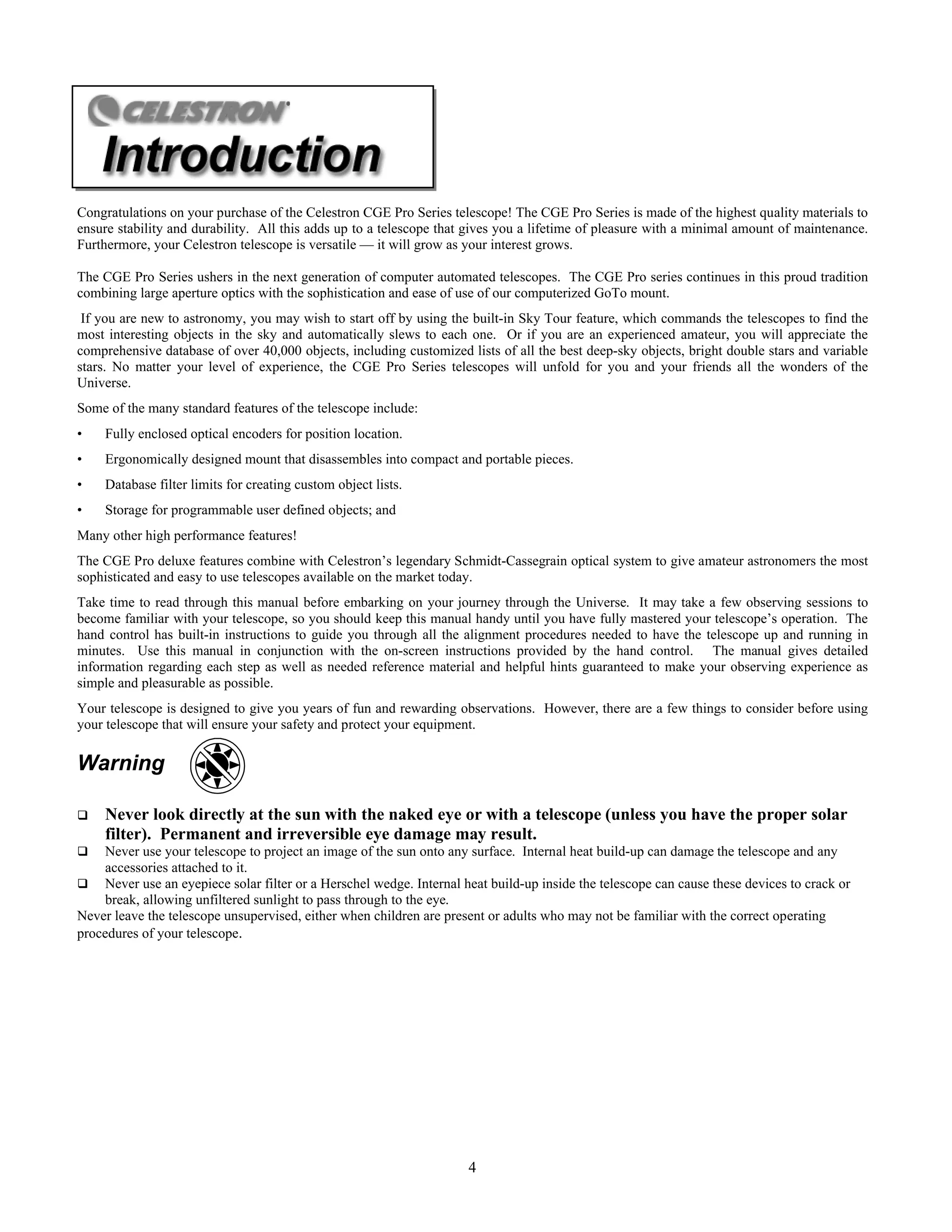 Instruction manual | Celestron CGE Pro Telescopes | Optics Trade | PDF