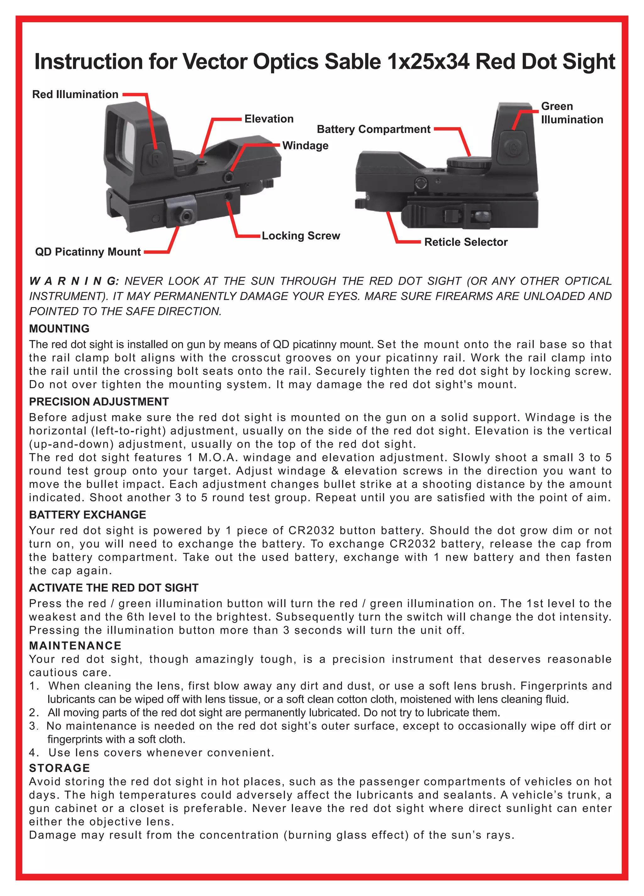 Instruction Manual | Vector Optics Sable 1x25x34 | Optics Trade | PDF
