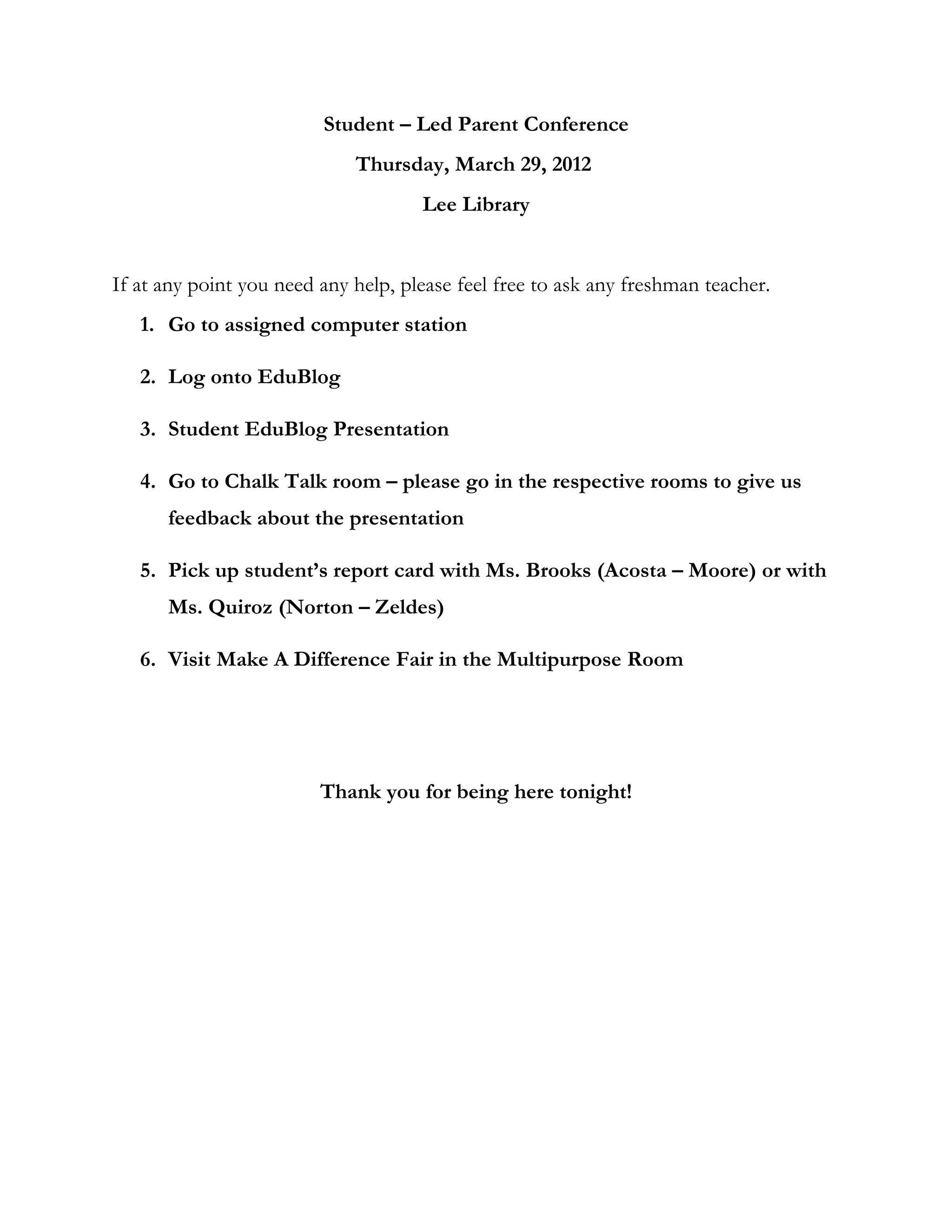 Instructions- Student Led Parent Conference | DOC