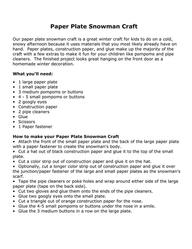 Instructions - Craft - paper plate snowman | PDF | Free Download