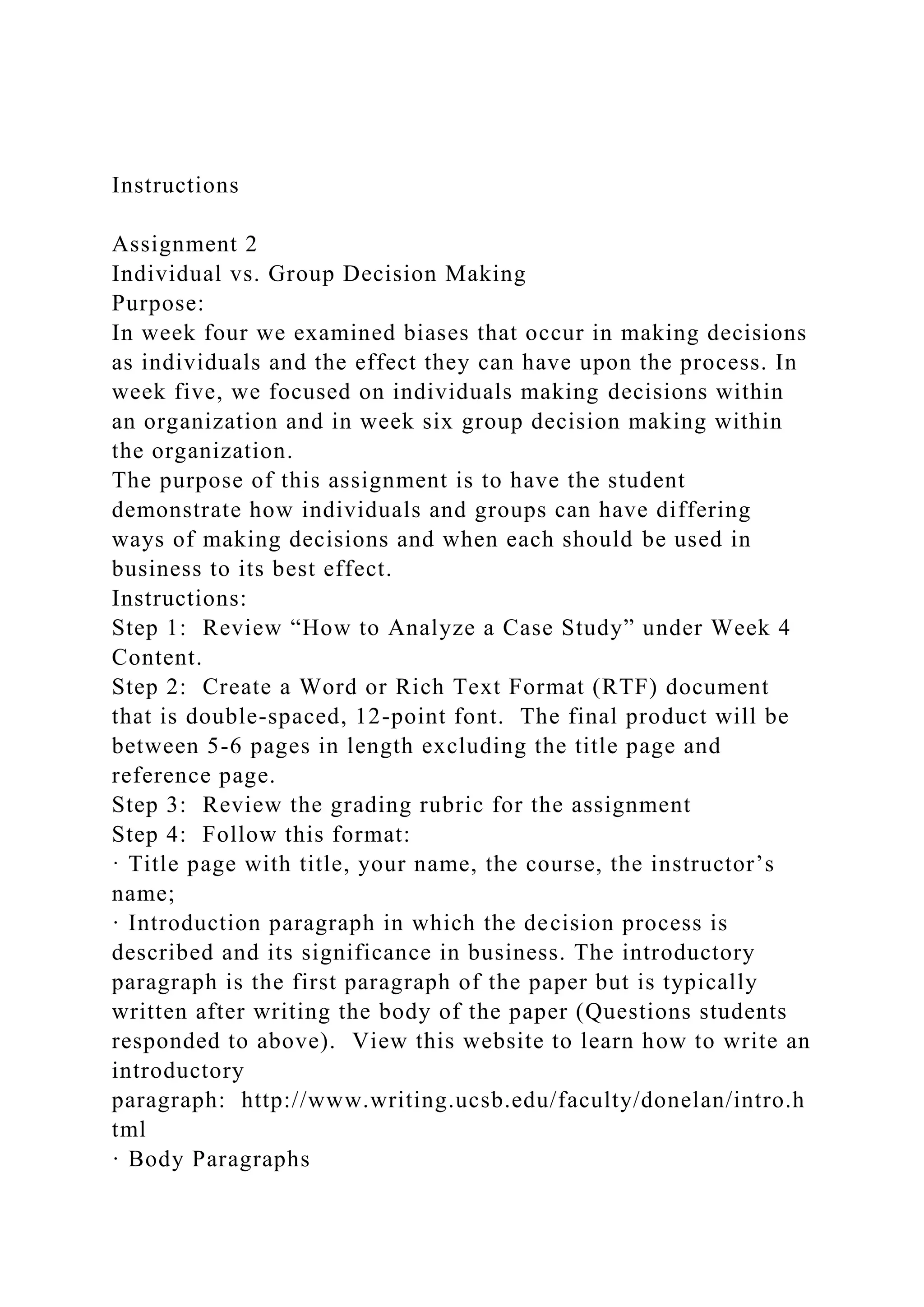 InstructionsAssignment 2 Individual vs. Group Decision Makin.docx
