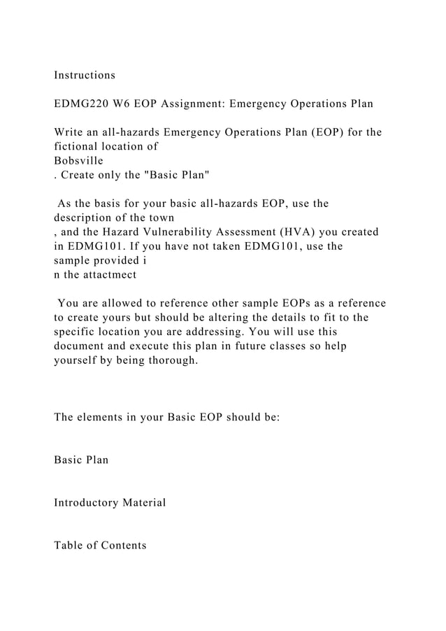 InstructionsEDMG220 W6 EOP Assignment Emergency Operations Plan docx InstructionsEDMG220 W6 EOP Assignment Emergency Operations Plan docx