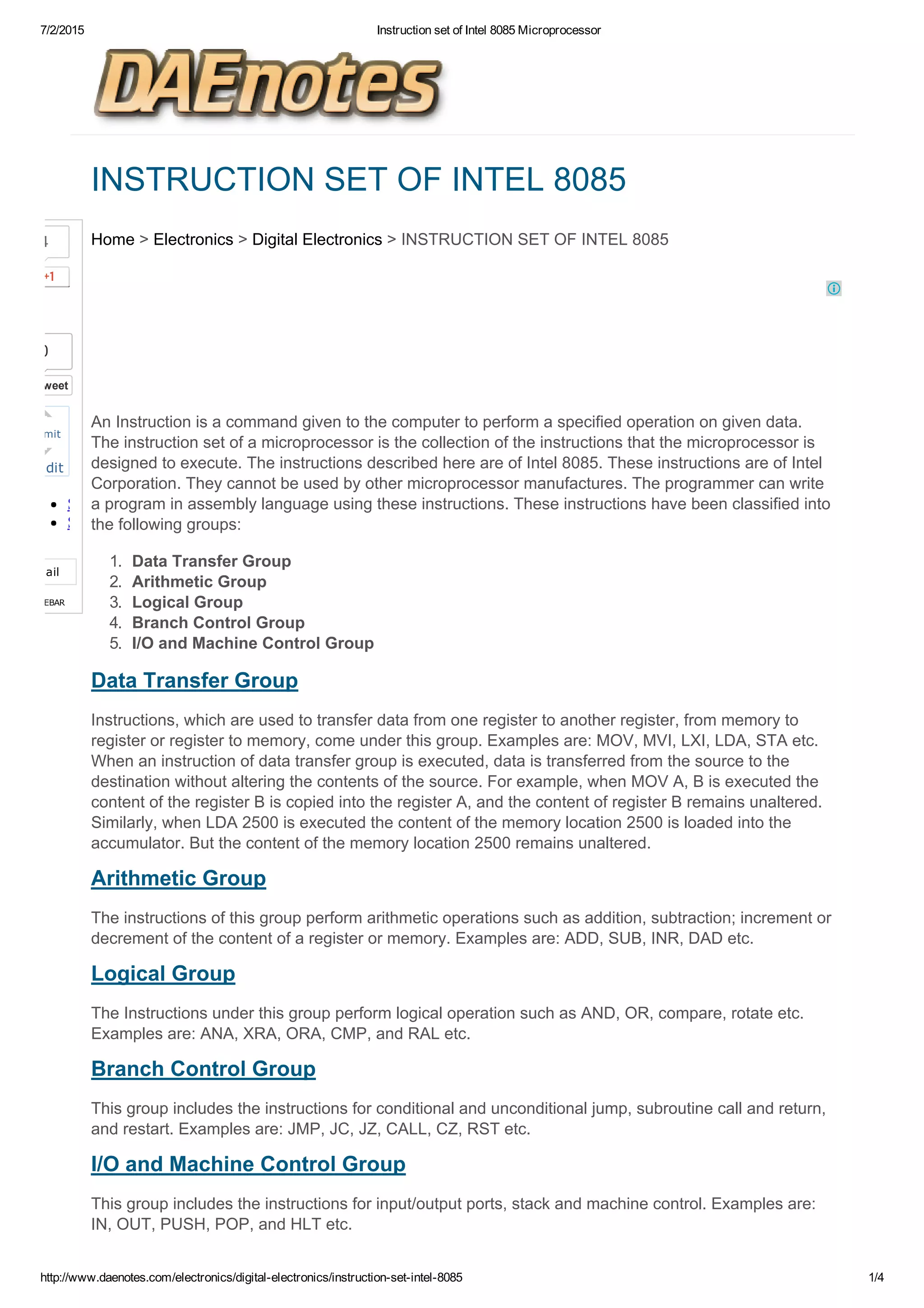 Instruction set of intel 8085 microprocessor | PDF