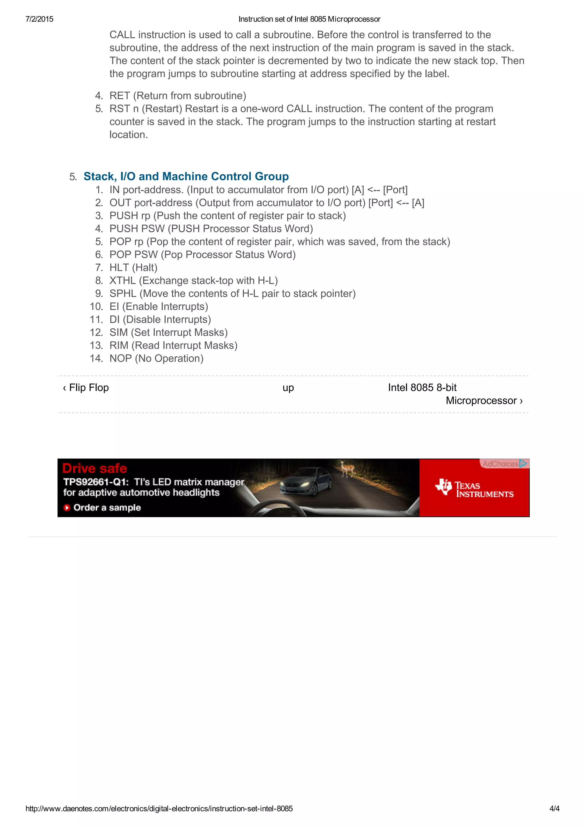 Instruction set of intel 8085 microprocessor | PDF