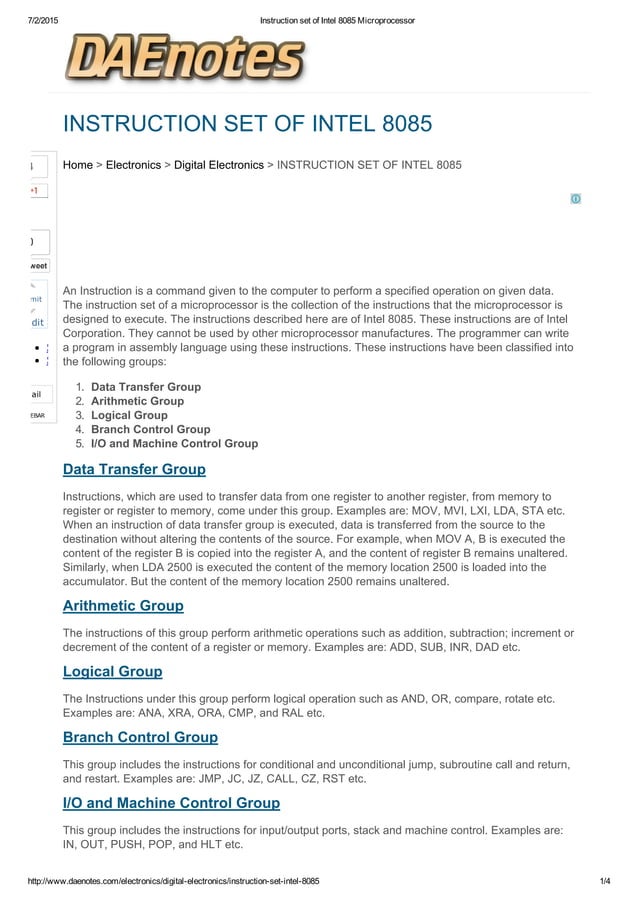 Instruction set of intel 8085 microprocessor | PDF