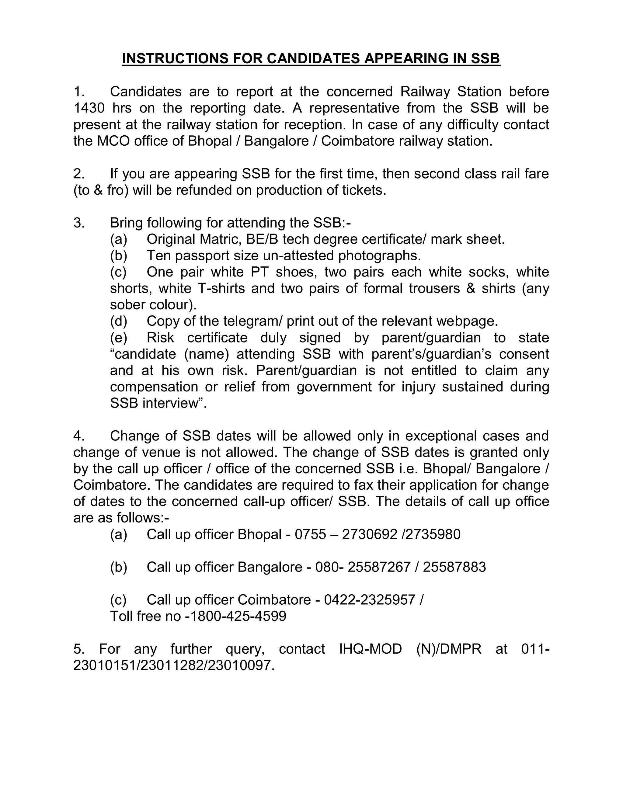 Instructions for candidates appearing in ssb | PDF