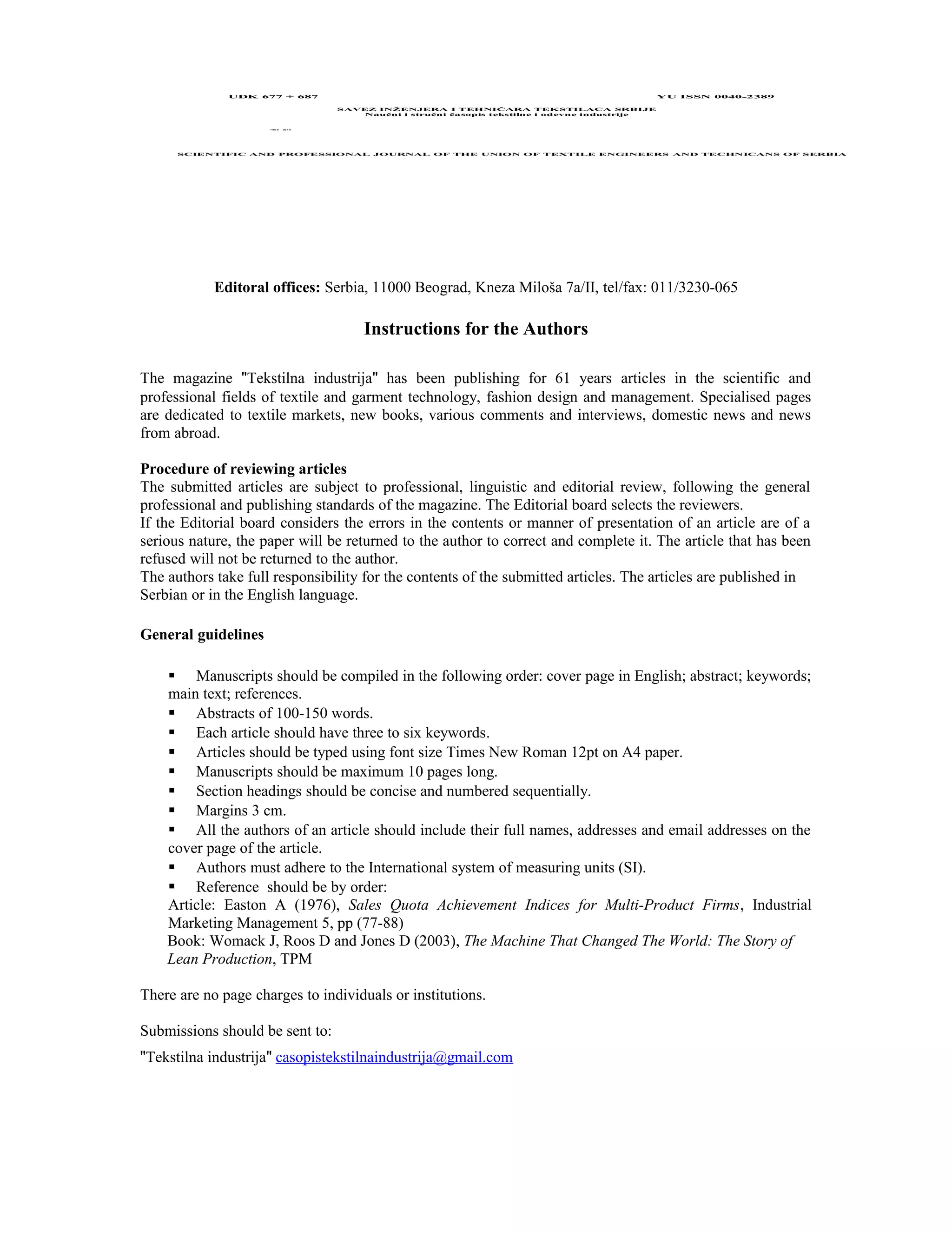 Instructions for the authors tekstilna industrija | DOC