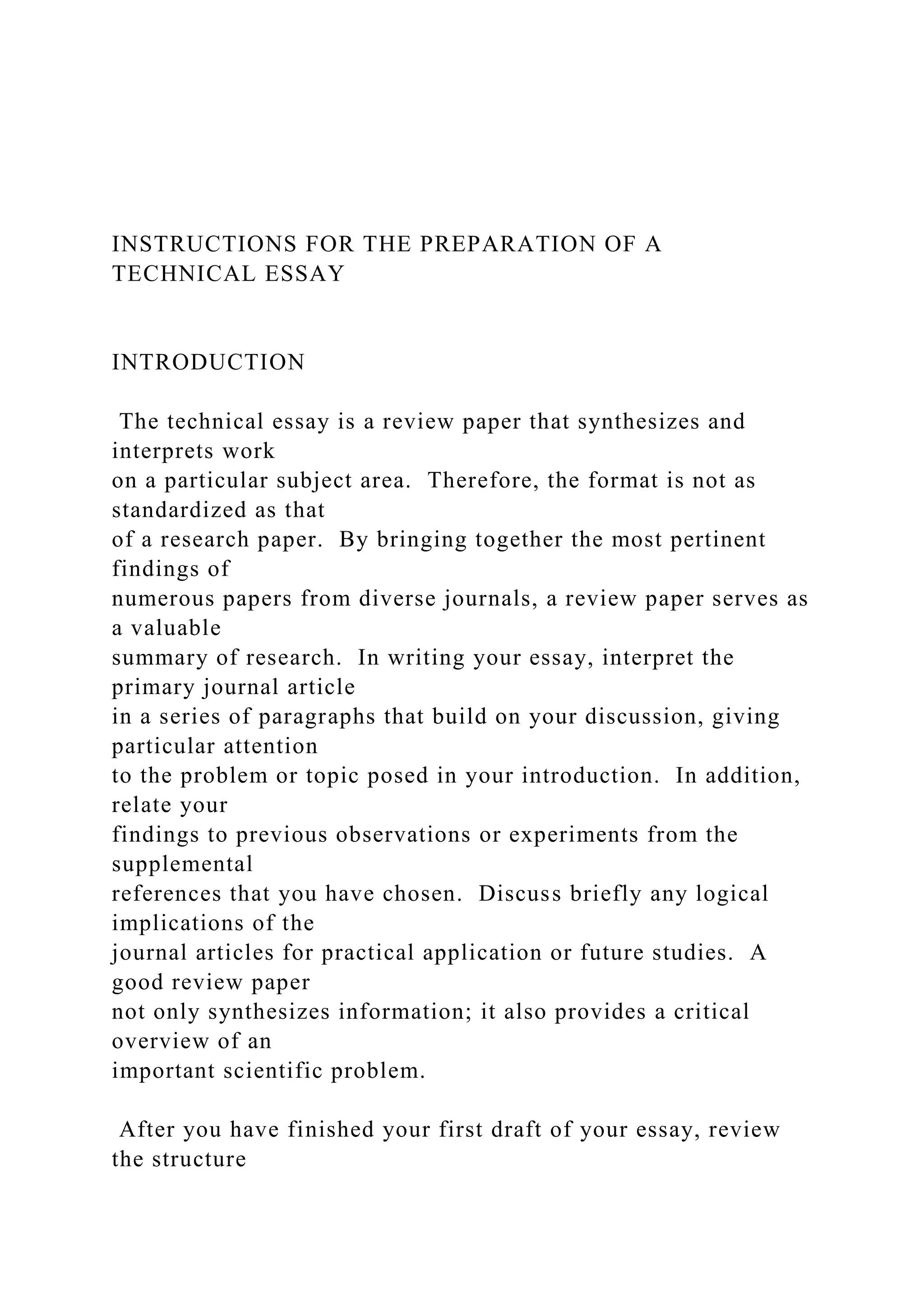INSTRUCTIONS FOR THE PREPARATION OF A TECHNICAL ESSAY .docx