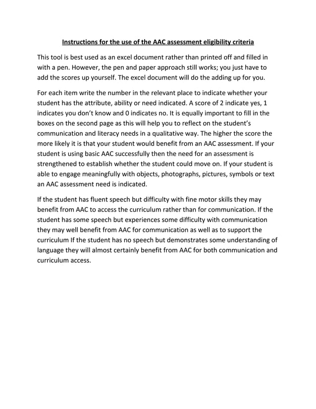 Instructions for the use of the aac assessment eligibility criteria | PDF