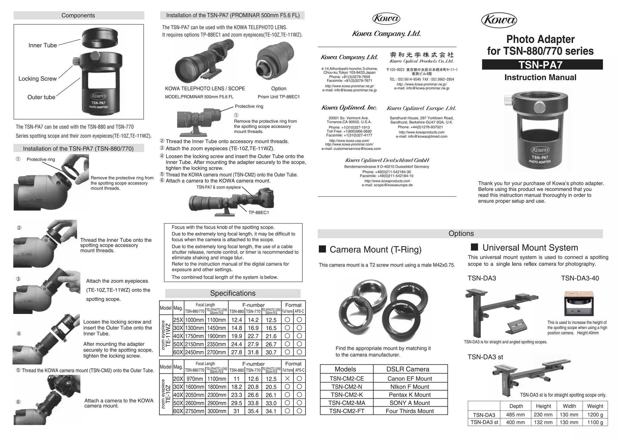 Instructions KOWA TSN-PA7 Spotting Scope | Optics Trade | PDF