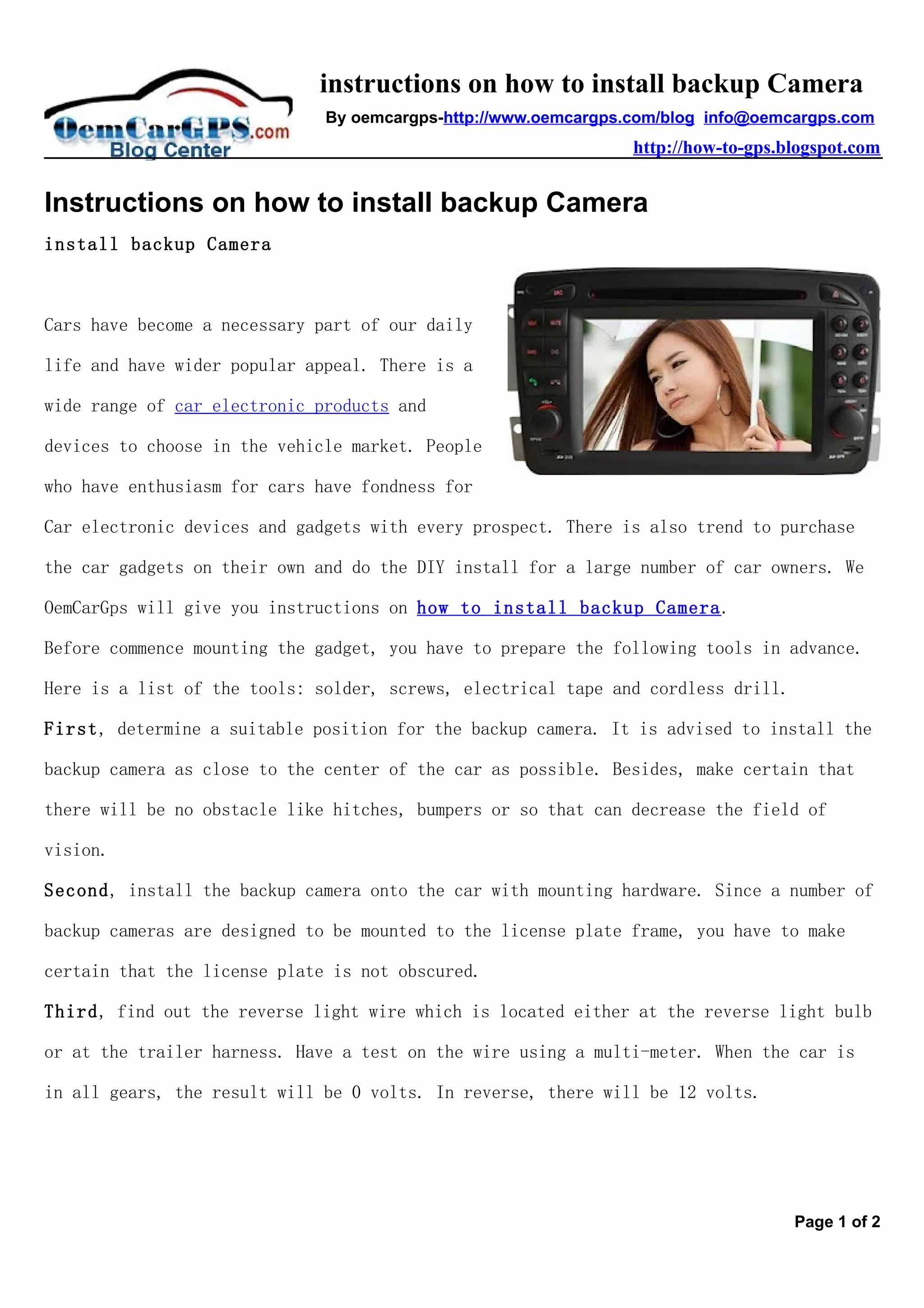 Instructions on how to install backup camera | DOC | Cameras and Camcorders | Consumer Electronics