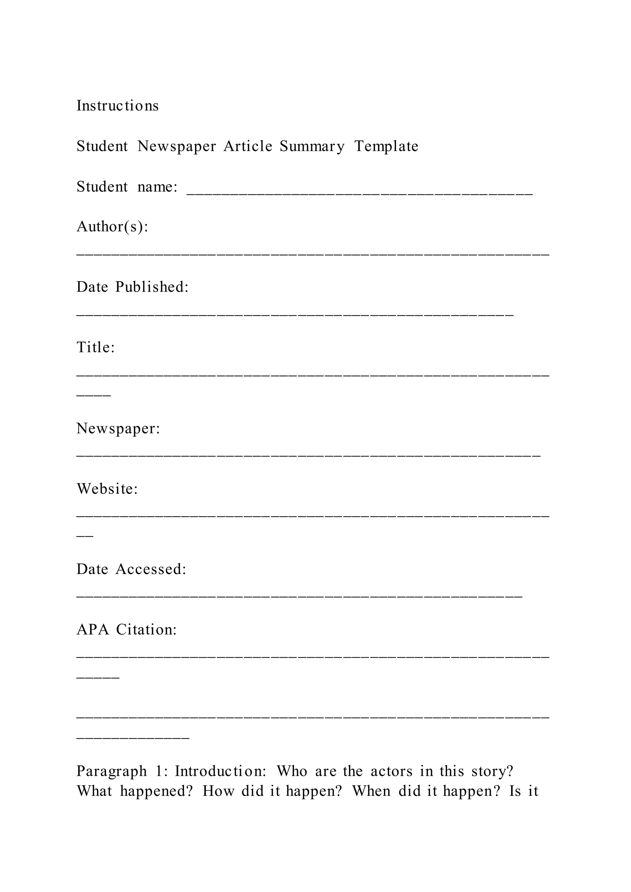 InstructionsStudent Newspaper Article Summary TemplateStuden | PDF
