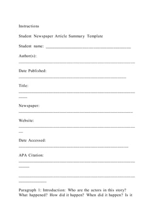 InstructionsStudent Newspaper Article Summary TemplateStuden | DOCX