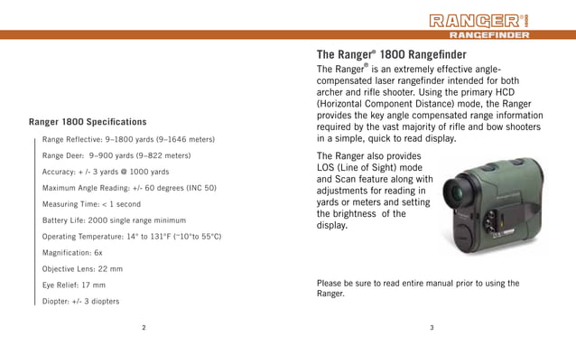 Instructions | Vortex Ranger 1800 Rangefinder | PDF | Arms & Ammunition | Sensitive Topics