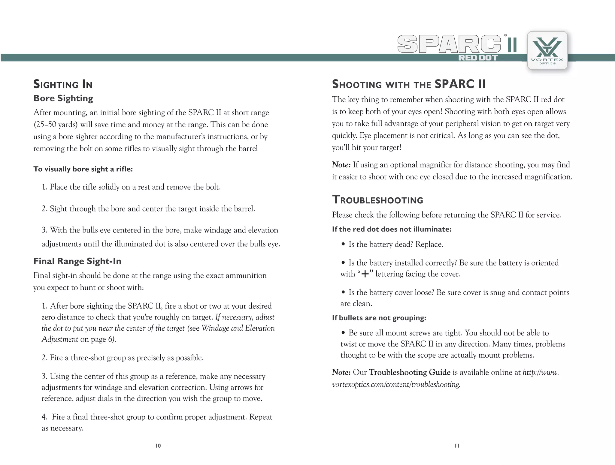 Instructions VORTEX SPARC II Red Dot | Optics Trade | PDF