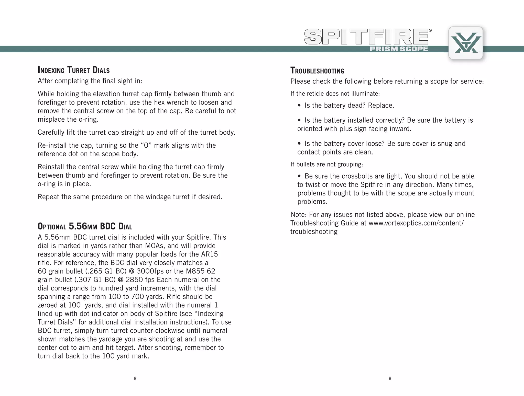 Instructions | Vortex Spitfire AR Red Dot | Optics Trade | PDF