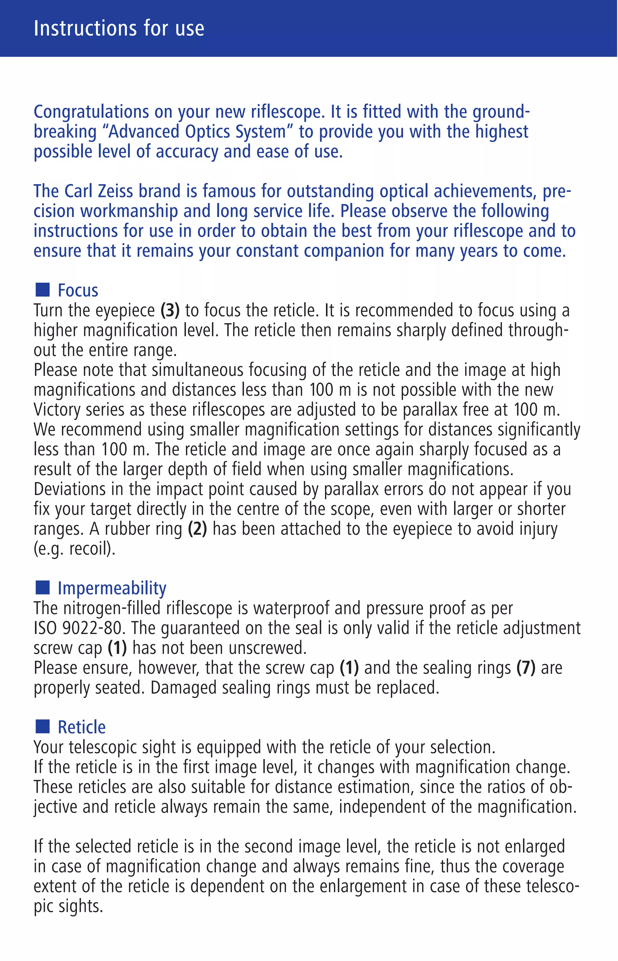 Instructions ZEISS Victory Diavari T, Varipoint T Rifle Scope | Optics ...