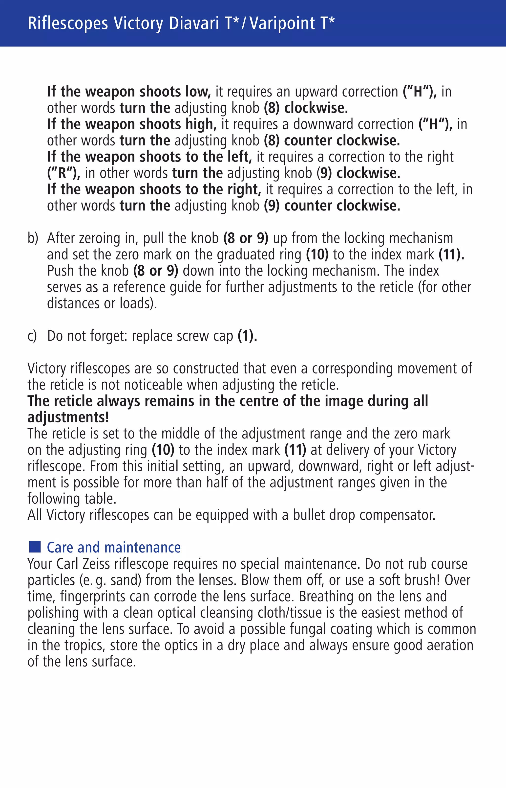 Instructions ZEISS Victory Diavari T, Varipoint T Rifle Scope | Optics ...